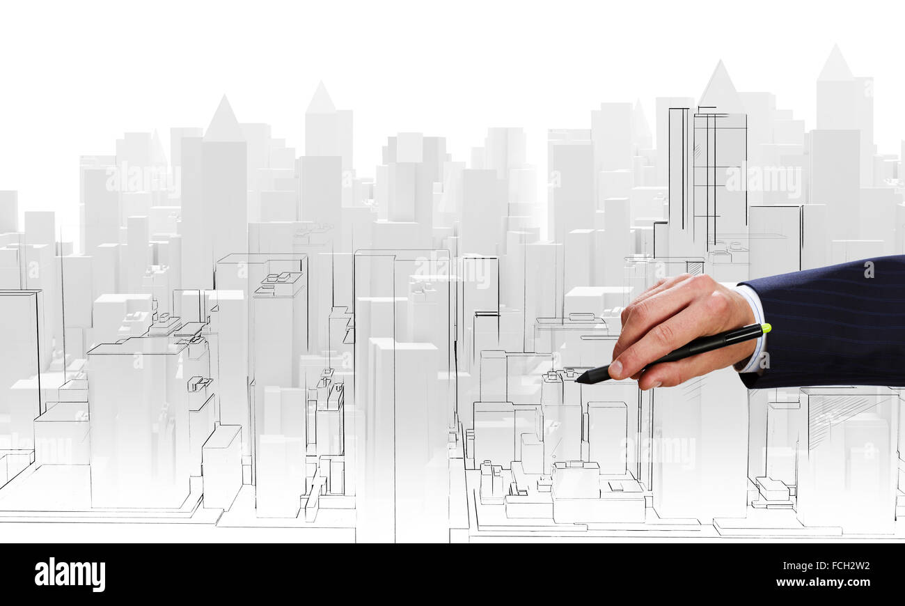Close up of human hand drawing construction project Stock Photo - Alamy