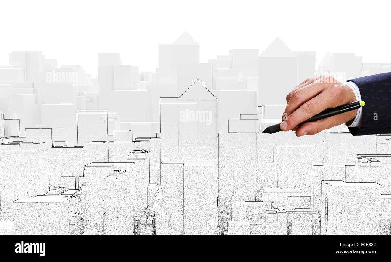 Close up of human hand drawing construction project Stock Photo - Alamy