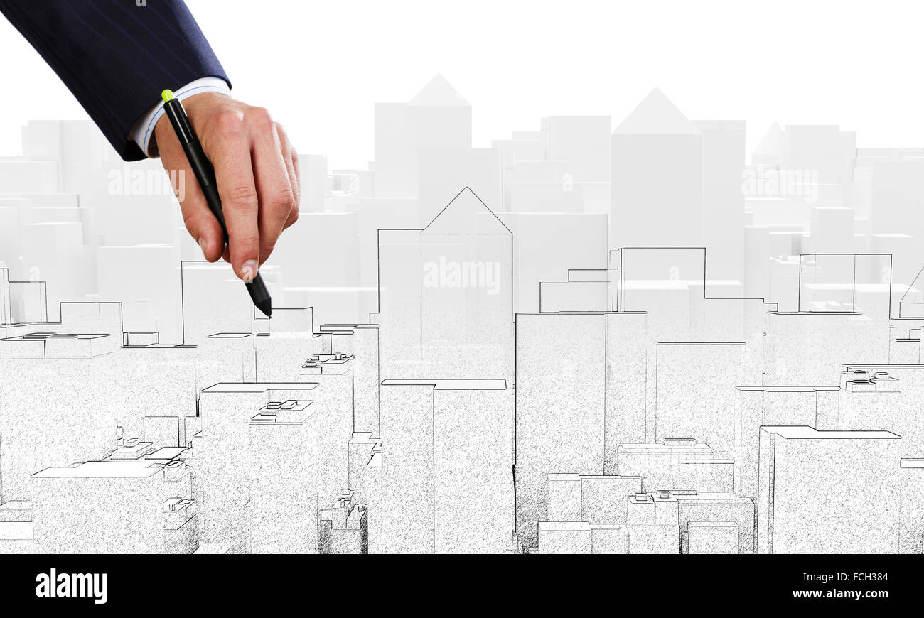 Close up of human hand drawing construction project Stock Photo - Alamy