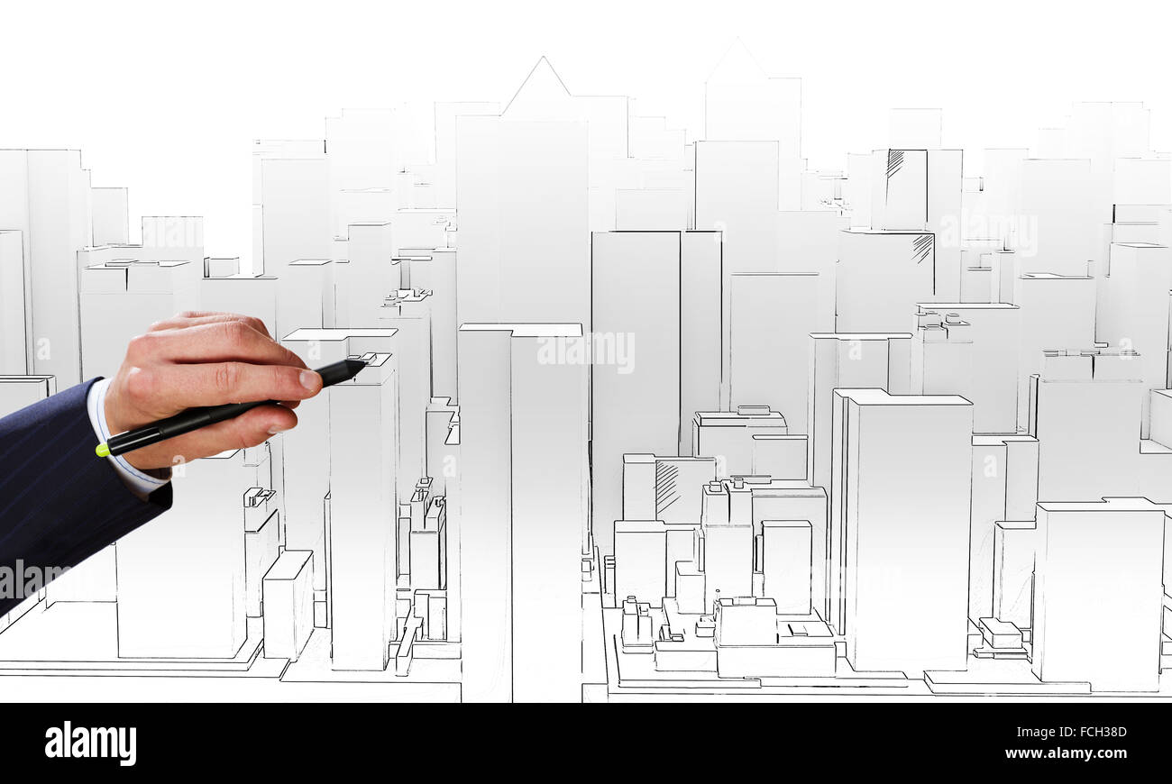 Close up of human hand drawing construction project Stock Photo - Alamy