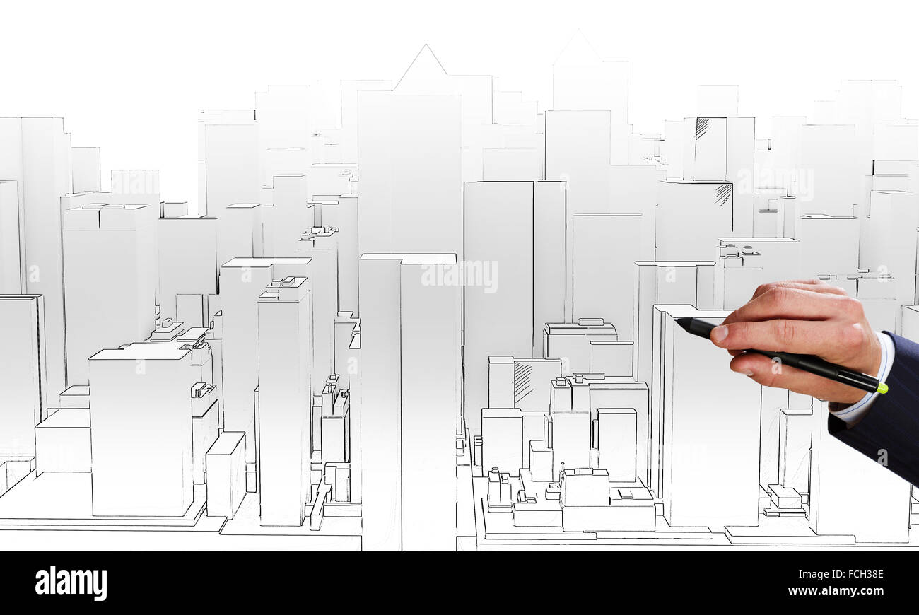 Close up of human hand drawing construction project Stock Photo - Alamy