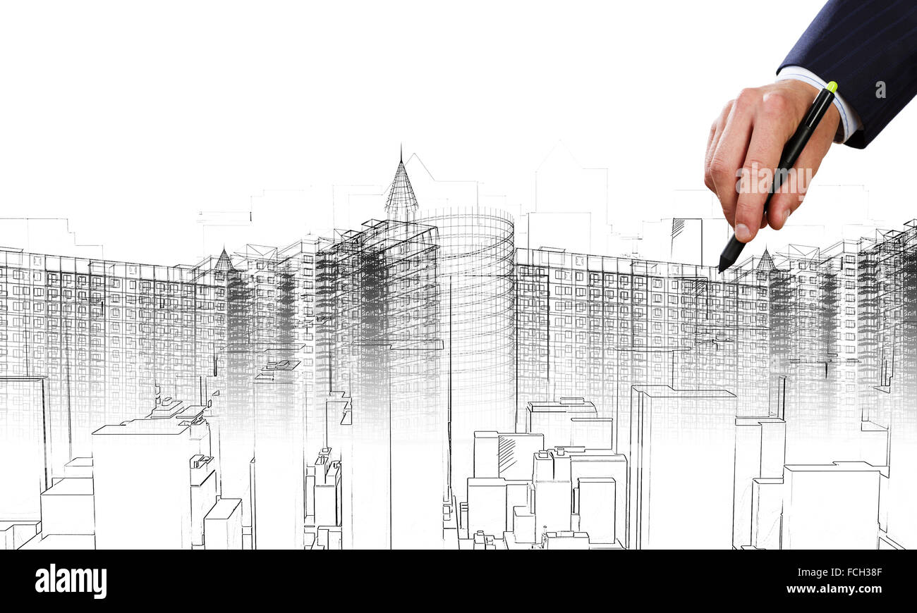 Close up of human hand drawing construction project Stock Photo - Alamy