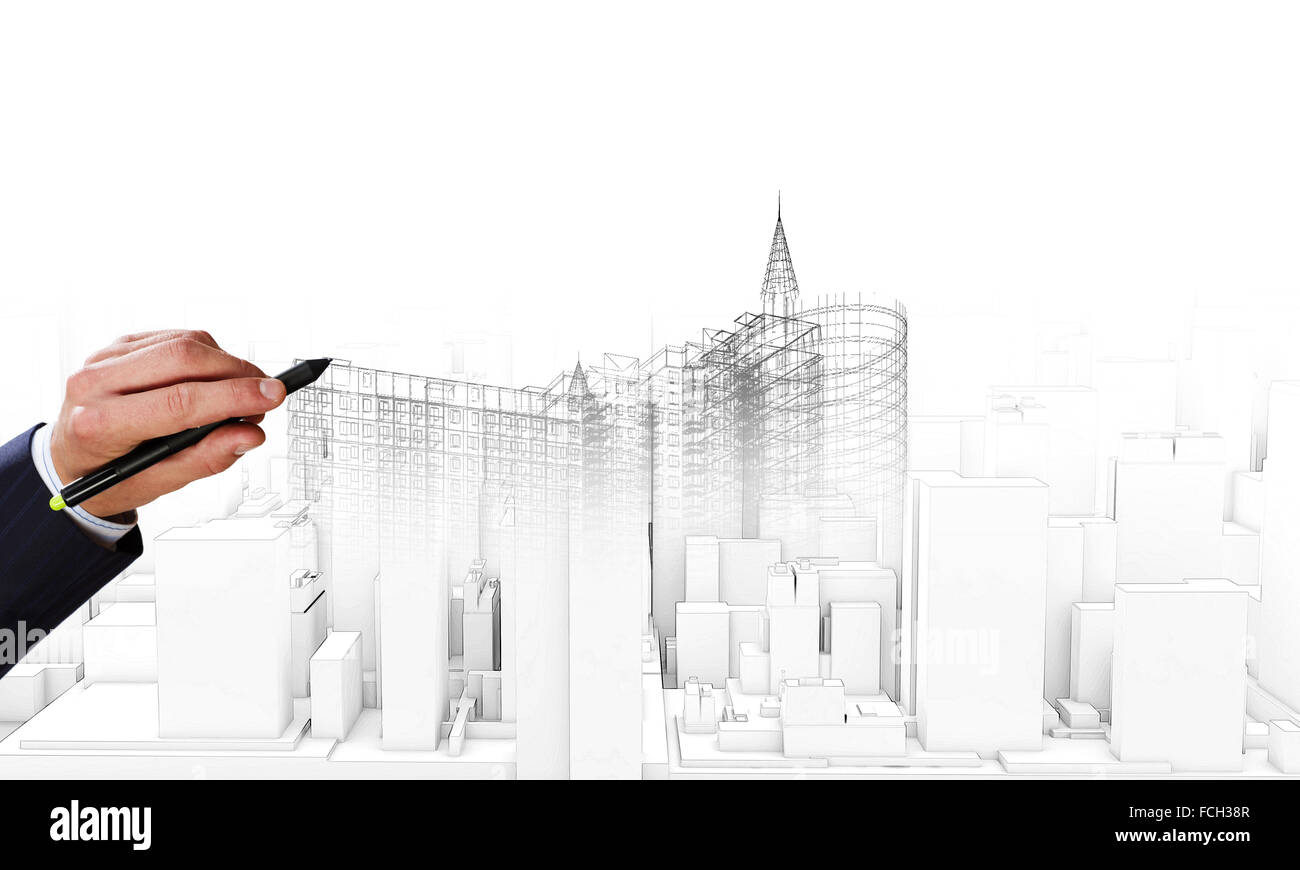 Close up of human hand drawing construction project Stock Photo - Alamy