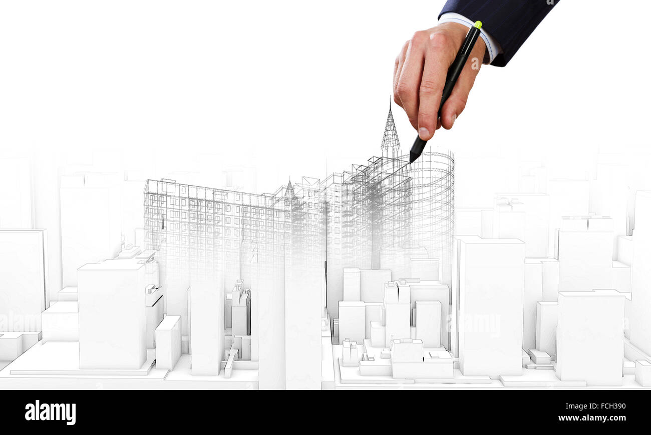 Close up of human hand drawing construction project Stock Photo - Alamy