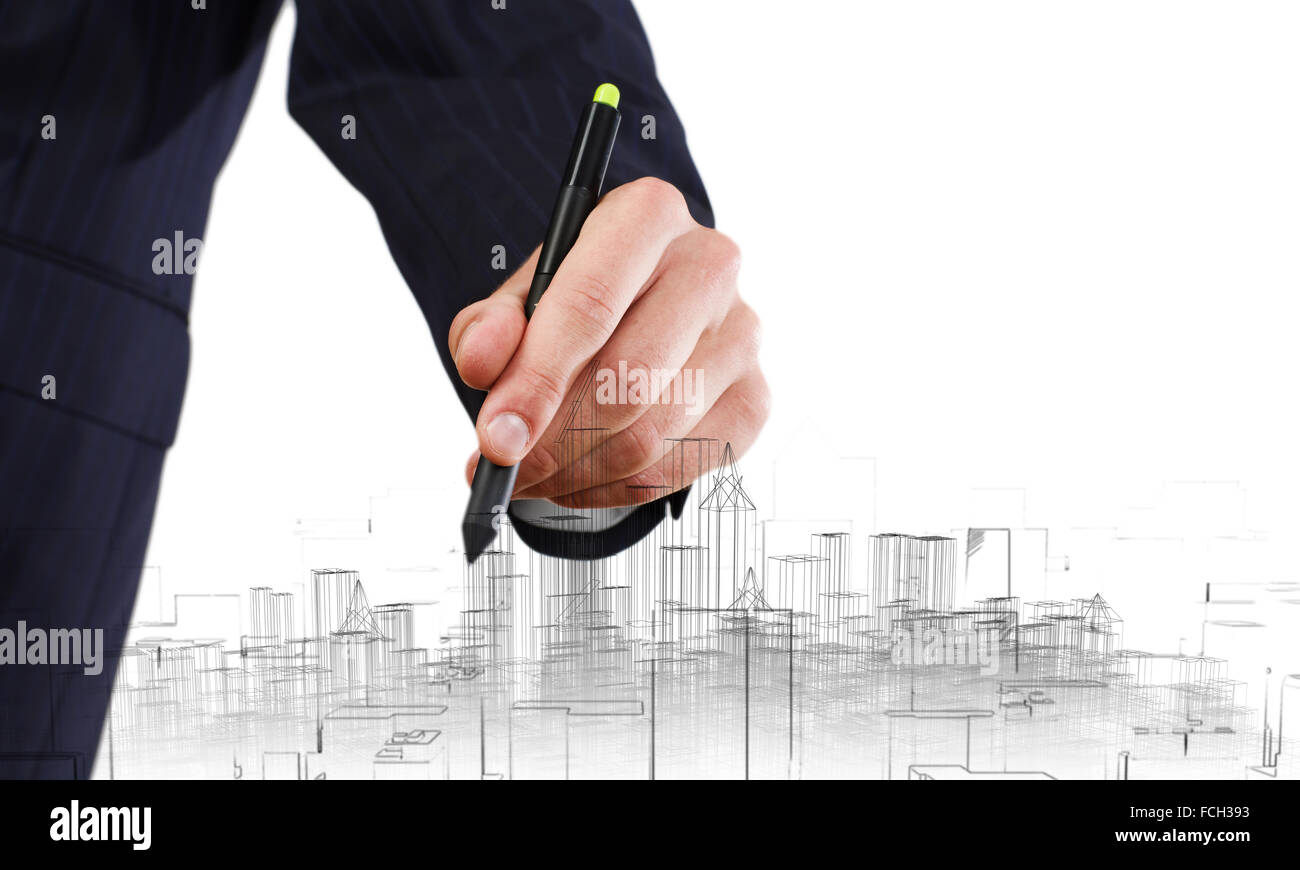 Close up of human hand drawing construction project Stock Photo - Alamy