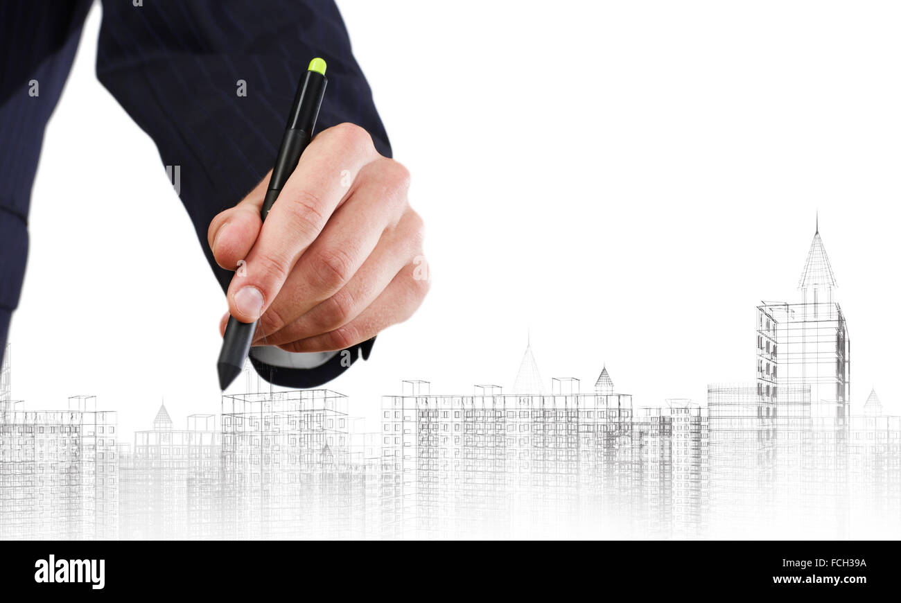 Close up of human hand drawing construction project Stock Photo - Alamy