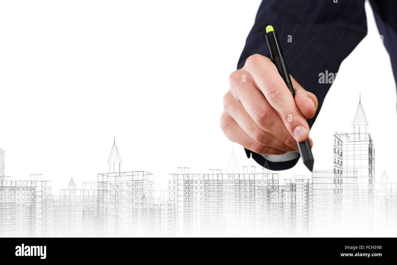 Close up of human hand drawing construction project Stock Photo - Alamy