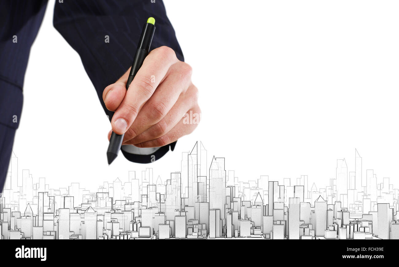 Close up of human hand drawing construction project Stock Photo - Alamy