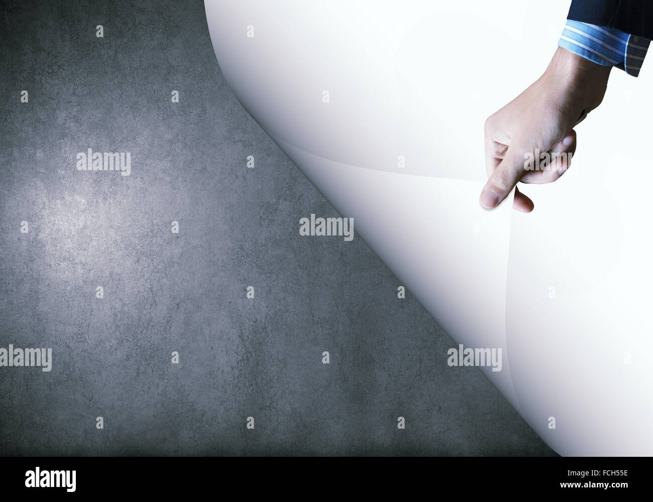 Human hand turning white blank paper page Stock Photo - Alamy