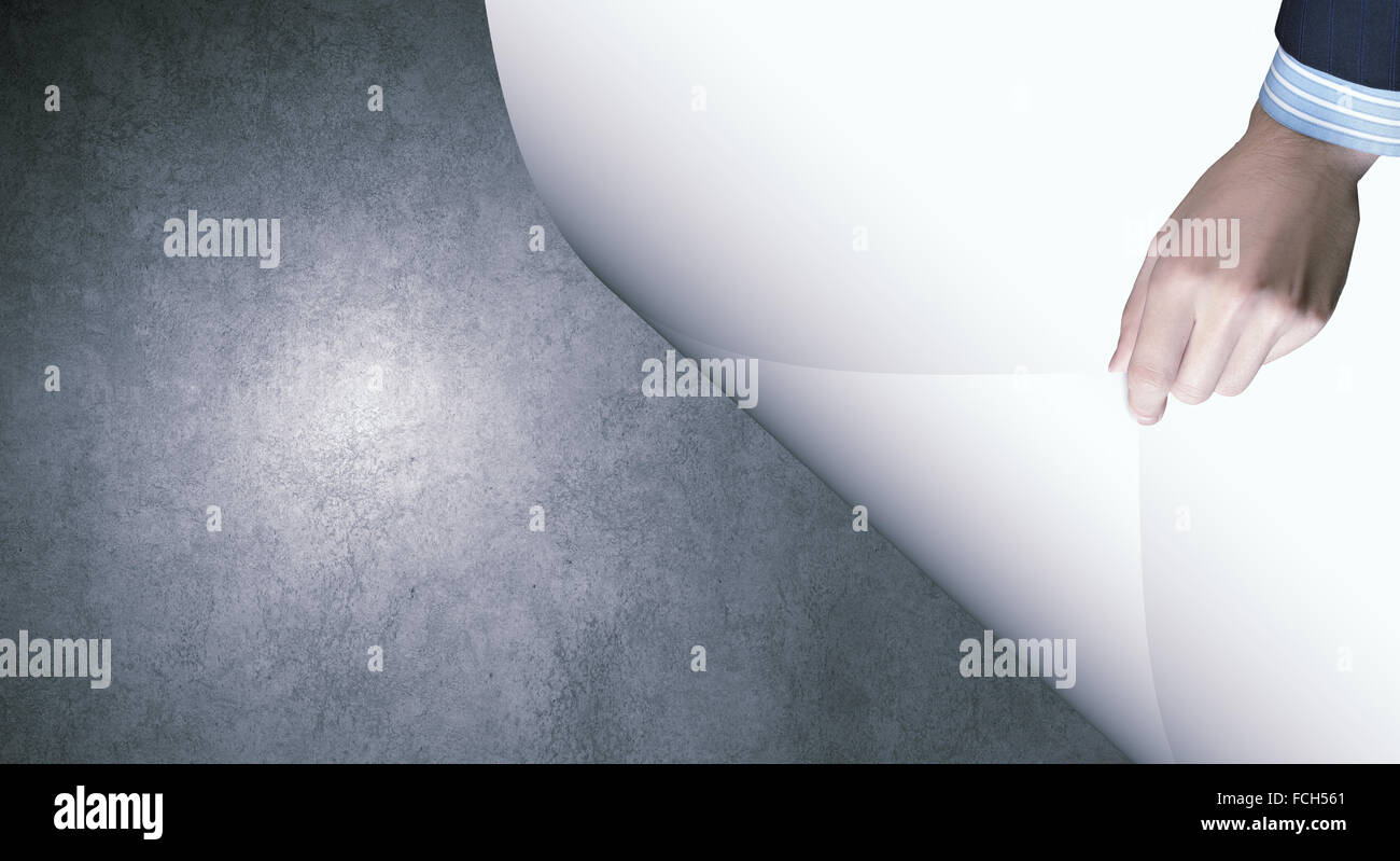 Human hand turning white blank paper page Stock Photo - Alamy