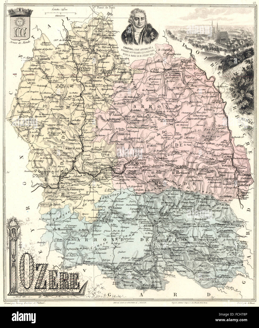 LOZÈRE: Lozère département. Mende vignette. Vuillemin, 1903 antique map ...