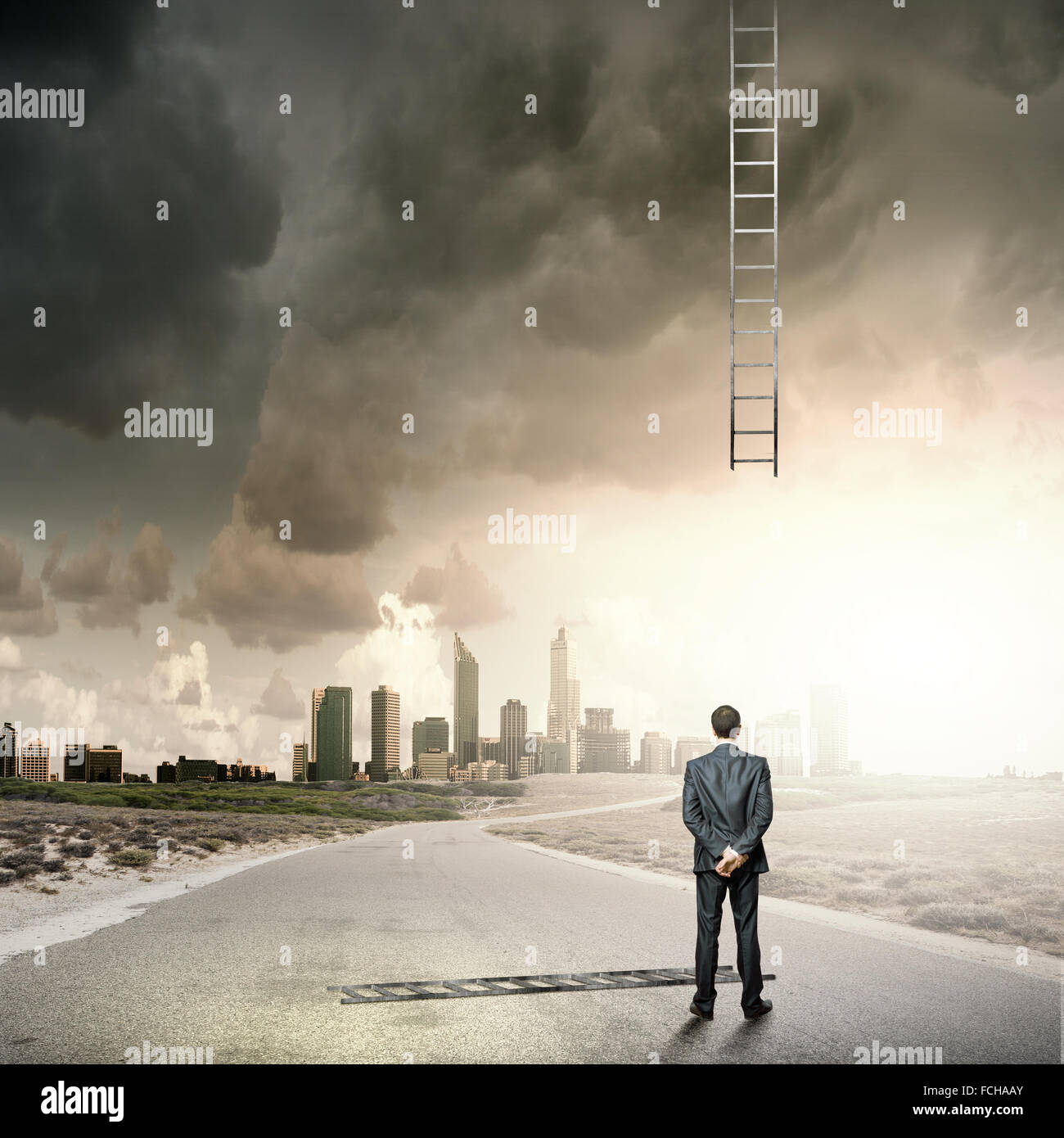 Rear view of businessman and broken ladder to sky Stock Photo - Alamy