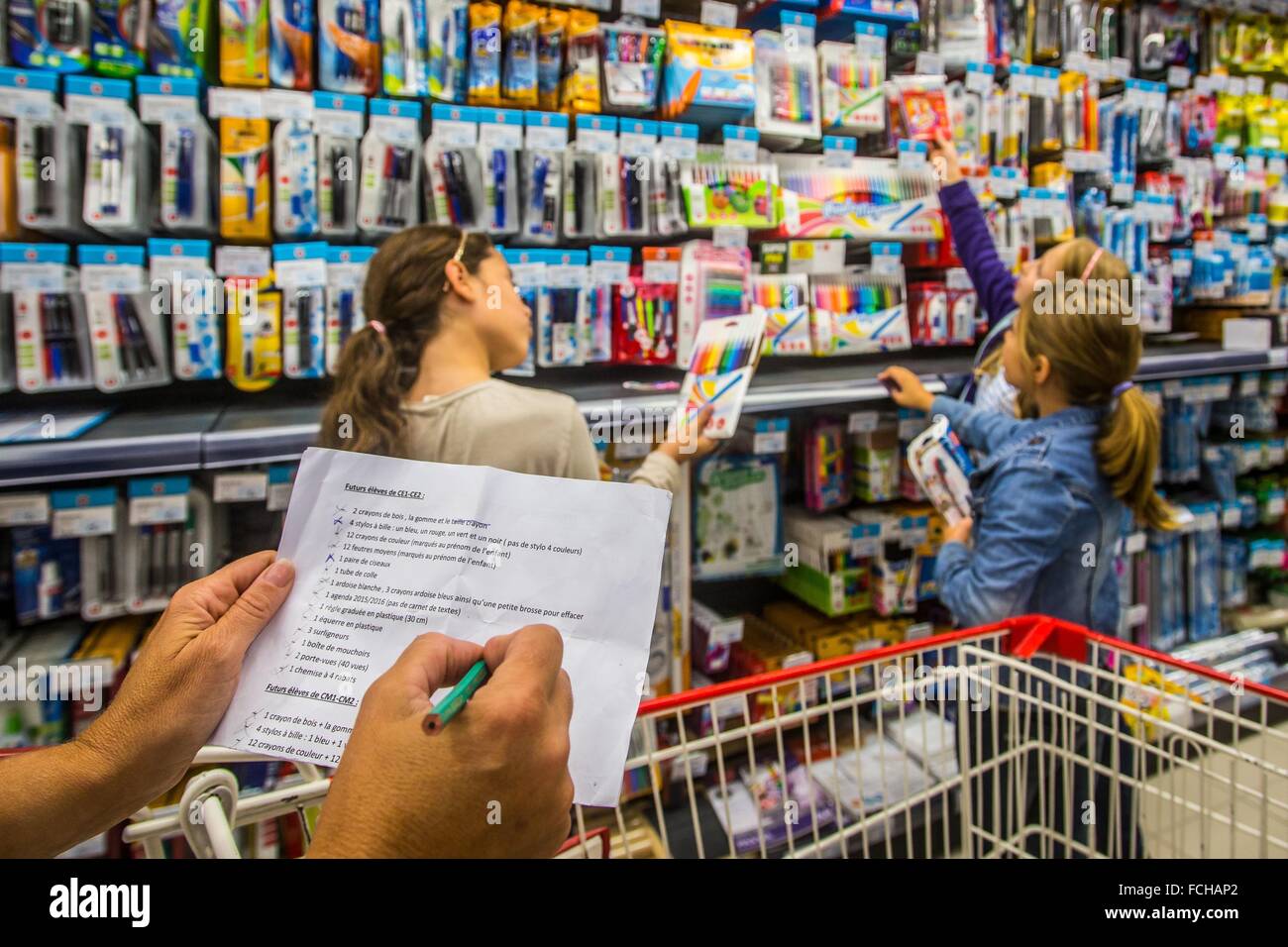 BACK-TO-SCHOOL ILLUSTRATION, BUYING SCHOOL SUPPLIES AT A SUPERMARKET ...