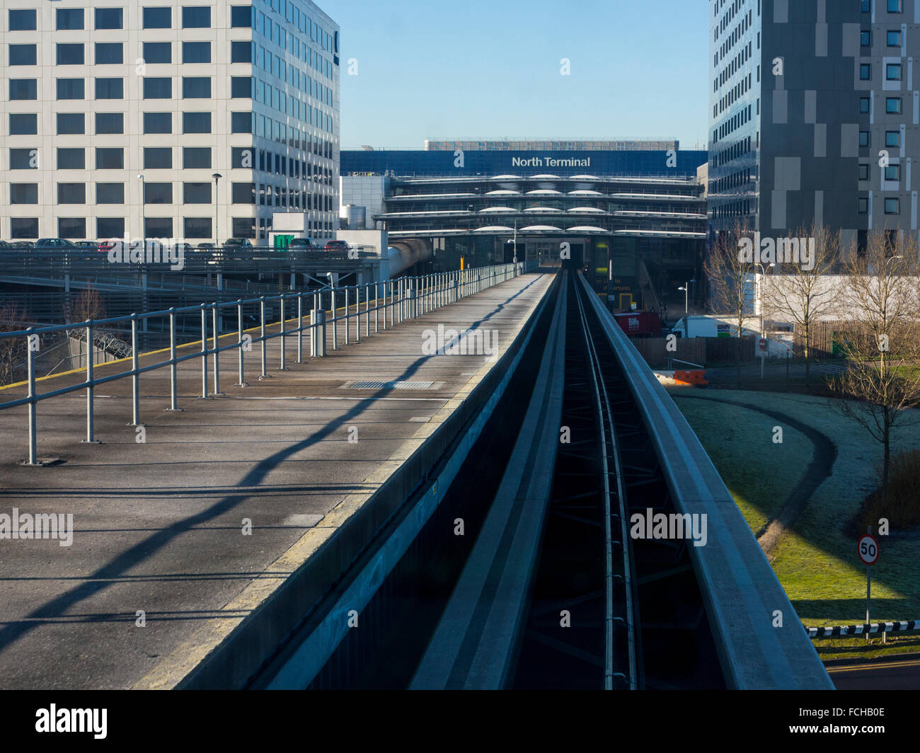 The monorail approach to Gatwick Airport's north terminal Stock Photo ...