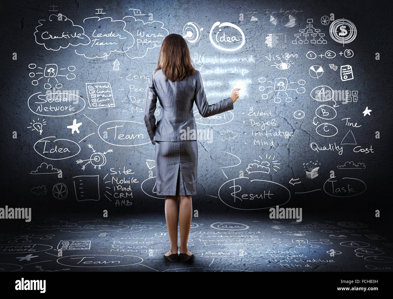 Rear view of businesswoman drawing business plan Stock Photo - Alamy