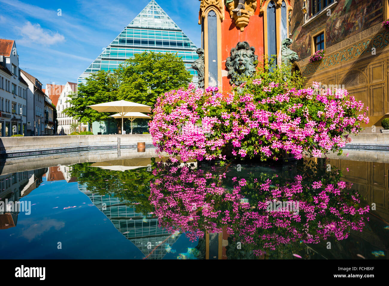 Germany Ulm Fischbrunnen fountain central library and townhall in the ...