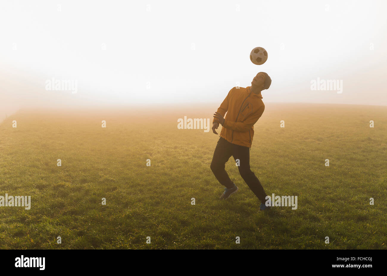 Young man playing soccer on meadow in the evening Stock Photo - Alamy