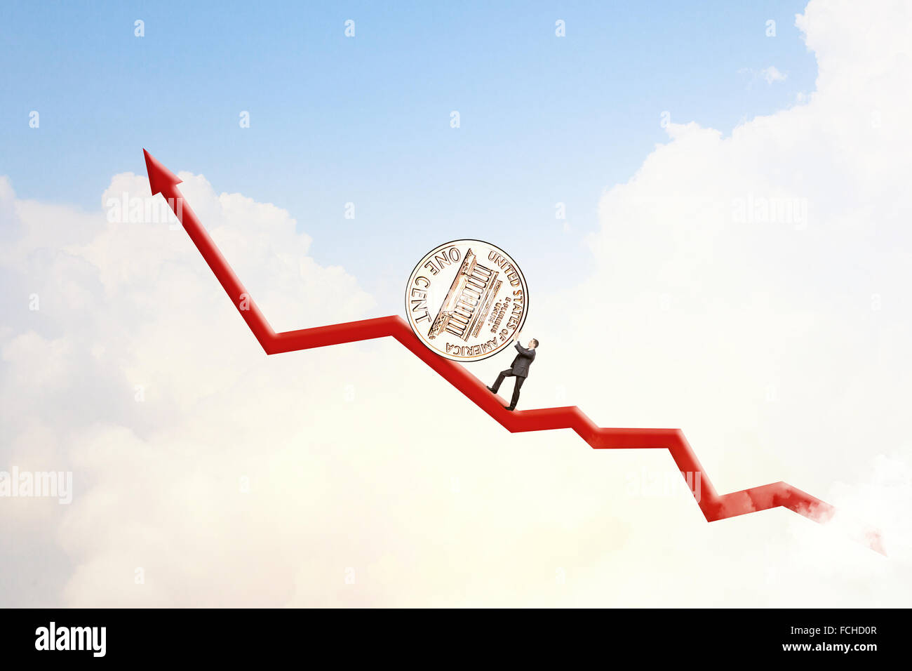 Businessman rolling cent coin up the graph Stock Photo - Alamy