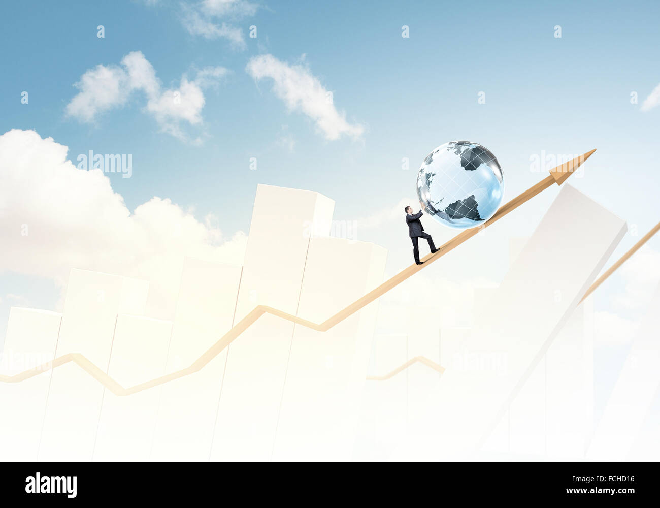 Businessman rolling Earth planet up the increasing graph Stock Photo ...