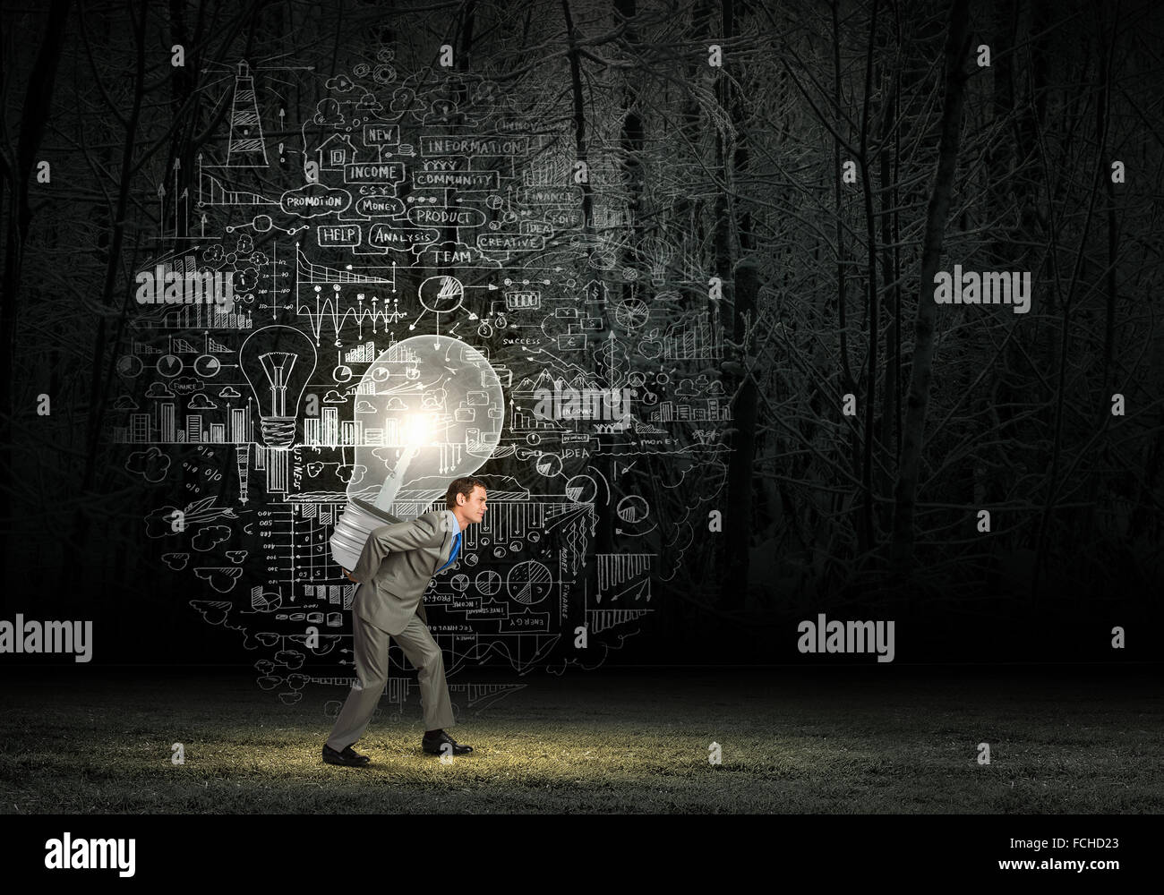Tired businessman carrying light bulb on his back Stock Photo - Alamy