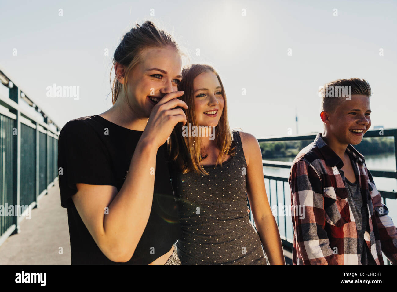 Austria Vienna three happy teenagers on a bridge Stock Photo - Alamy