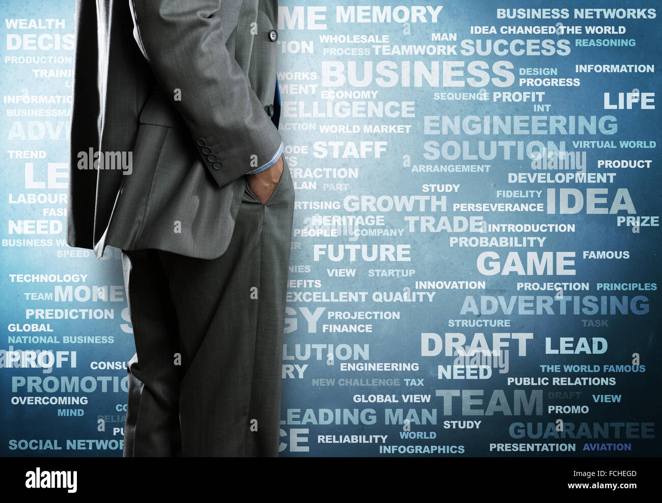 Bottom view of businessman and business writing at background Stock ...