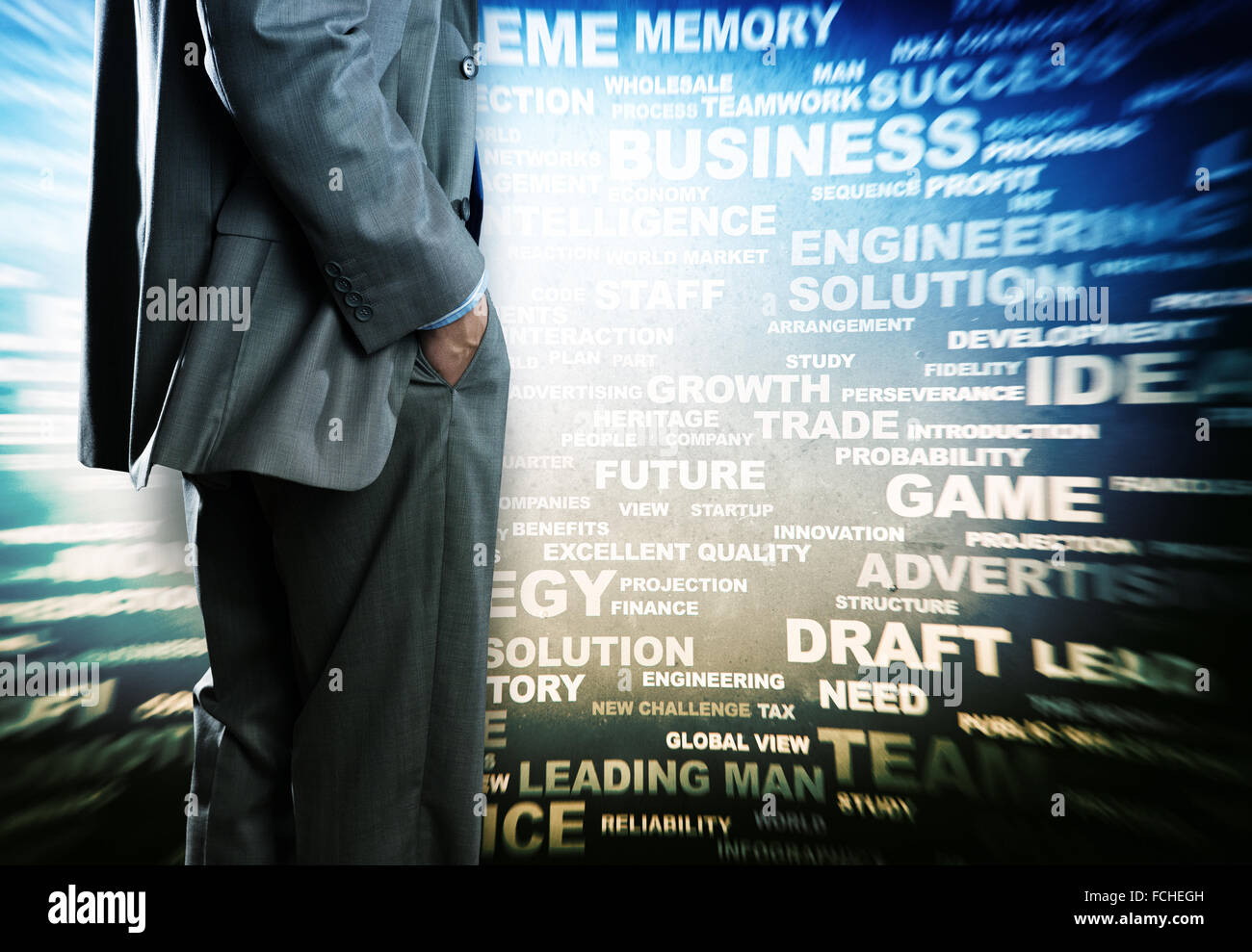 Bottom view of businessman and business writing at background Stock ...