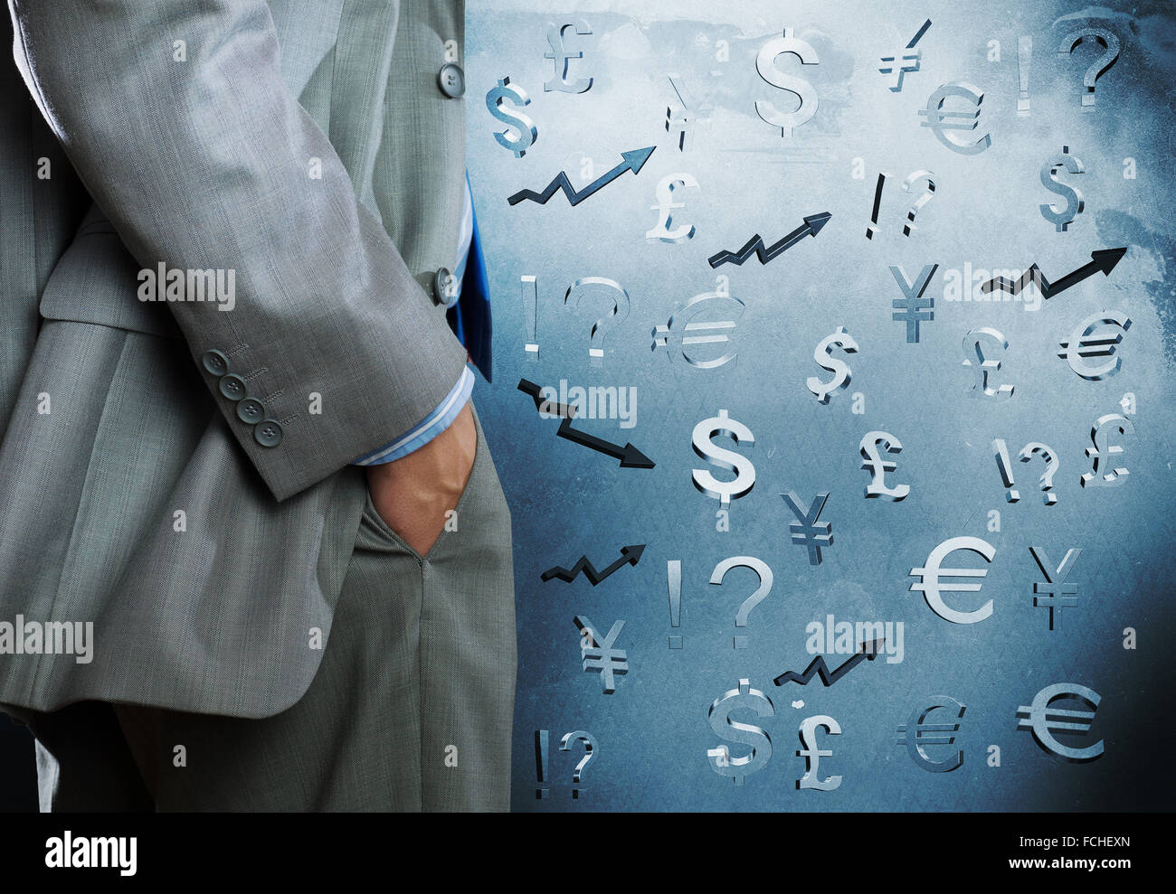 Bottom view of businessman and currency signs at background Stock Photo ...