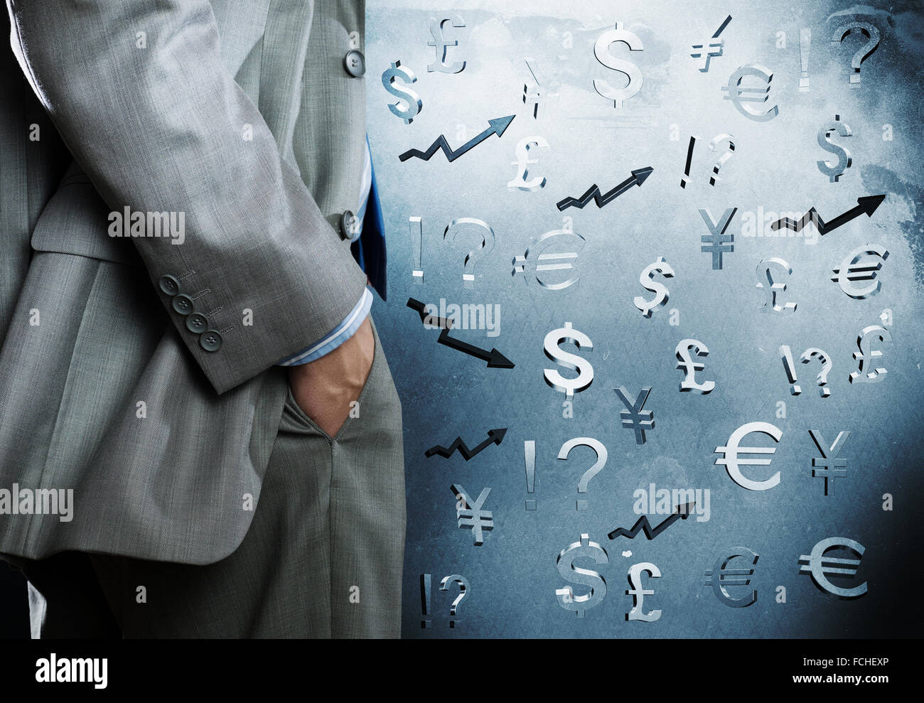 Bottom view of businessman and currency signs at background Stock Photo ...