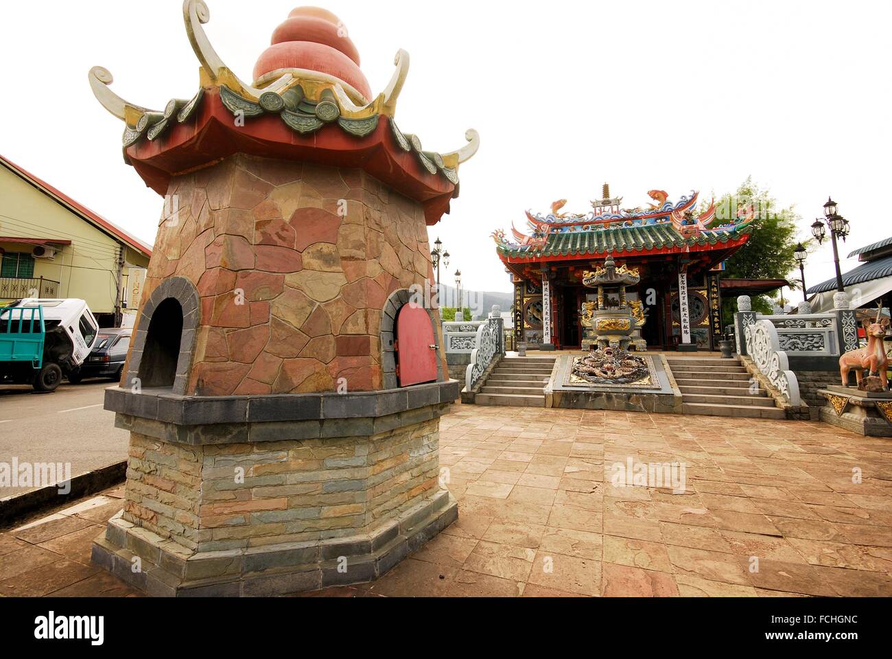 Chinese temple in a square of Lundu, Western Sarawak, Malaysia, Borneo ...