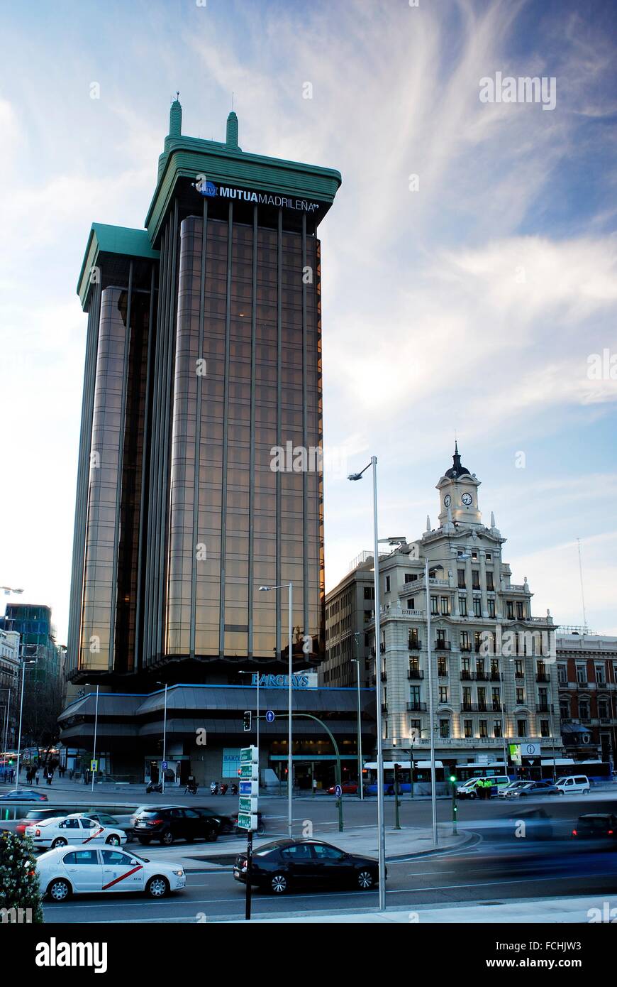 Colon tower in Colon square, Madrid, Spain Stock Photo - Alamy