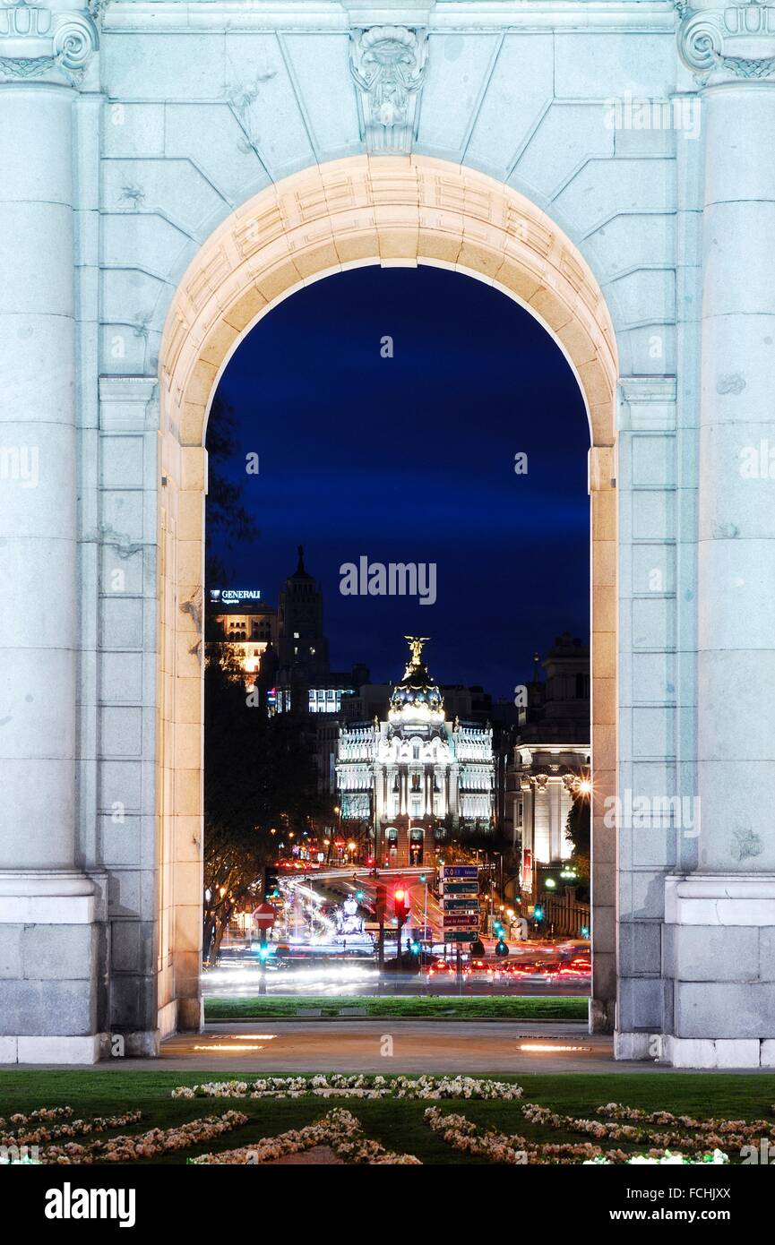 View of Alcala street from the arch of Puerta de Alcala, Madrid city ...