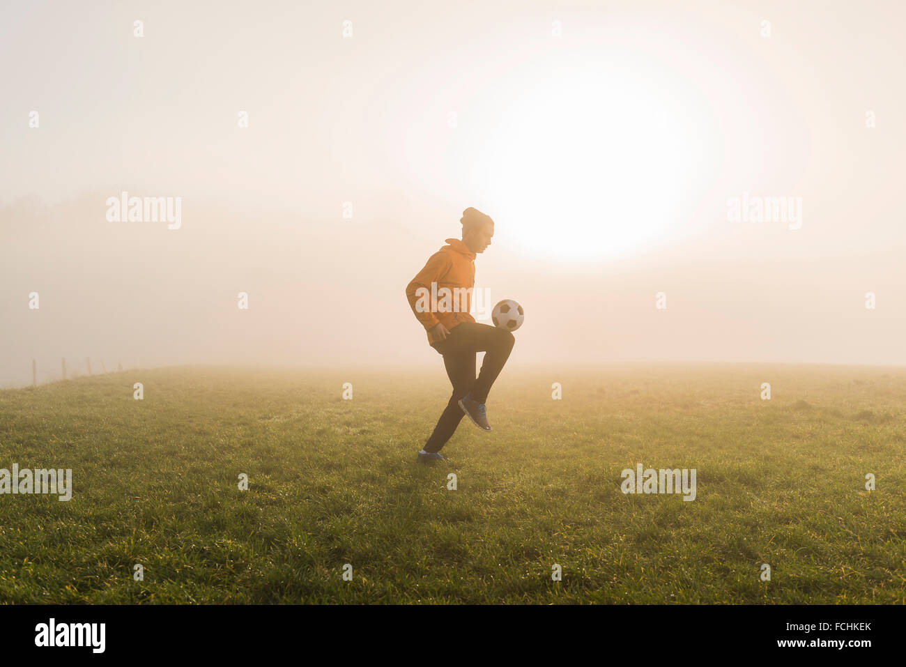 Young man playing soccer on meadow in the evening Stock Photo - Alamy