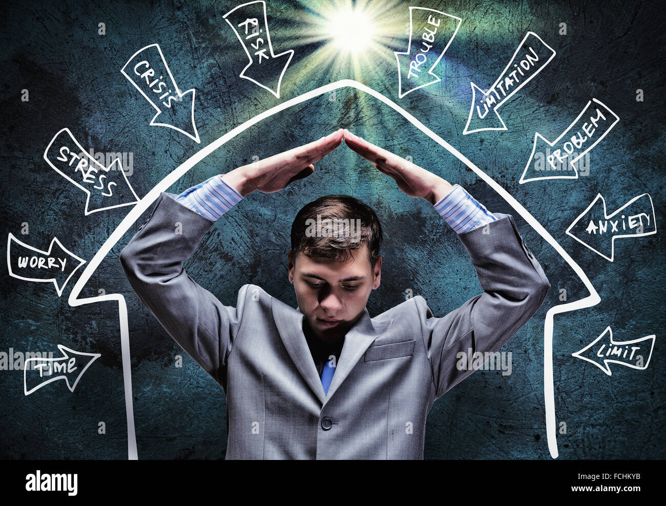 Young businessman under rain covering head with hands Stock Photo - Alamy