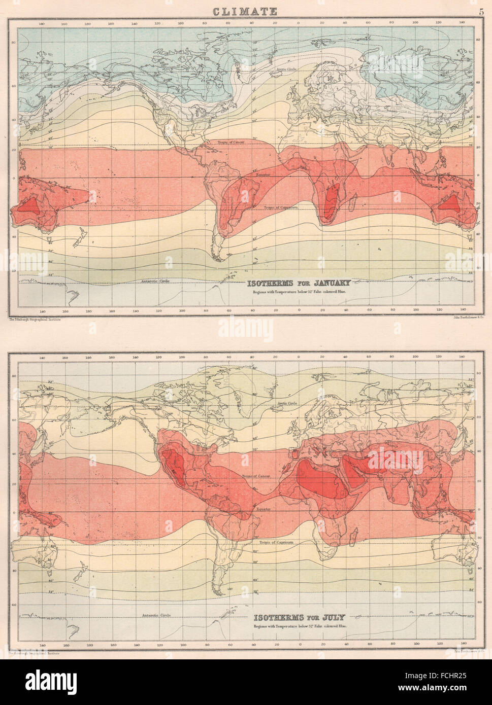 WORLD: Climate; Isotherms for January & July. BARTHOLOMEW, 1891 antique ...