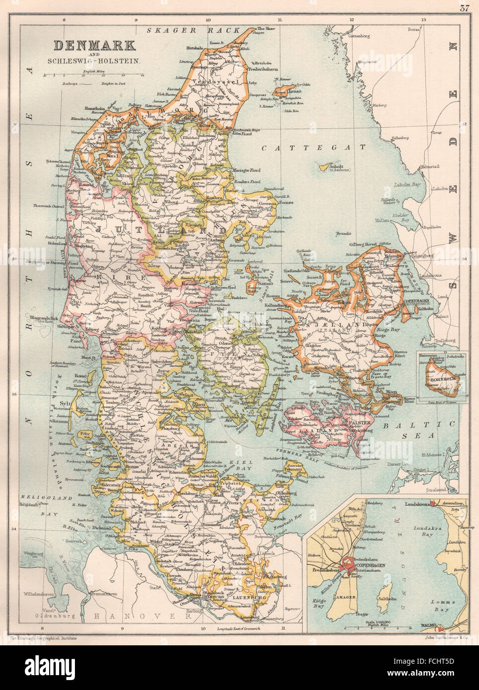 DENMARK:with Schleswig-Holstein;Inset Copenhagen;Bornholm.BARTHOLOMEW ...