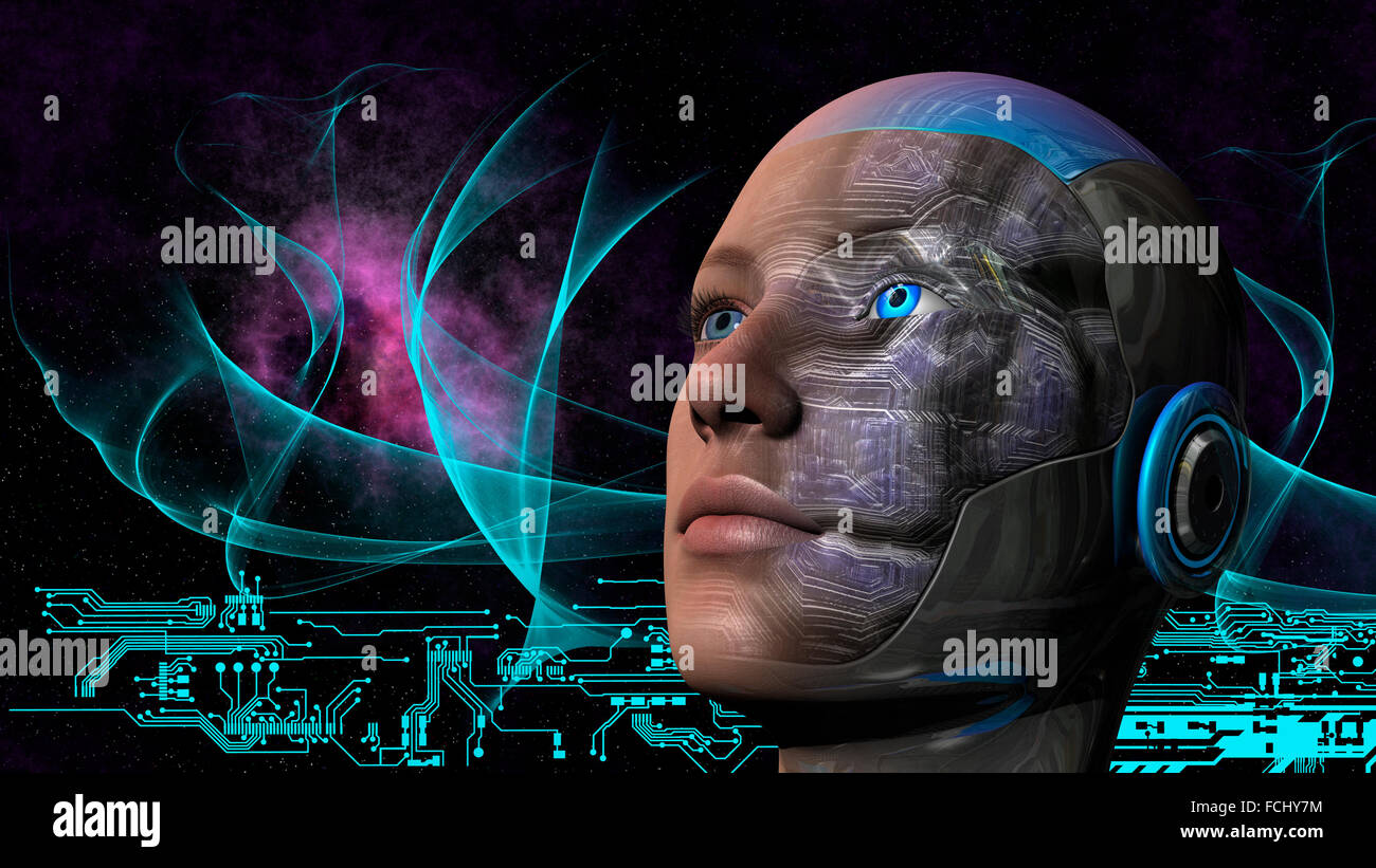 Cyborg woman with deep space and circuit design background Stock Photo ...