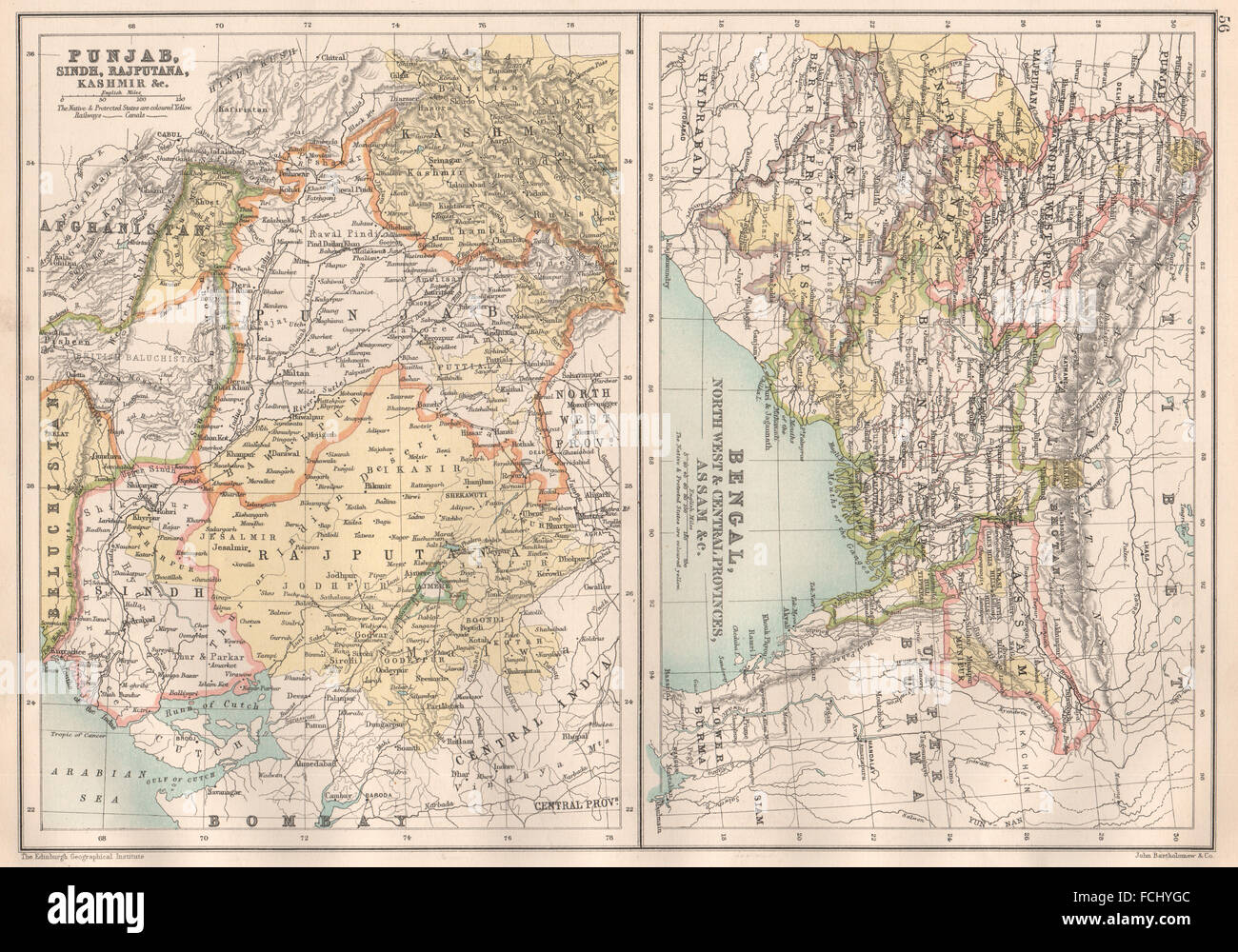 INDIA NW & NE: Bengal Assam Punjab Sindh Rajputana Kashmir, 1891 ...