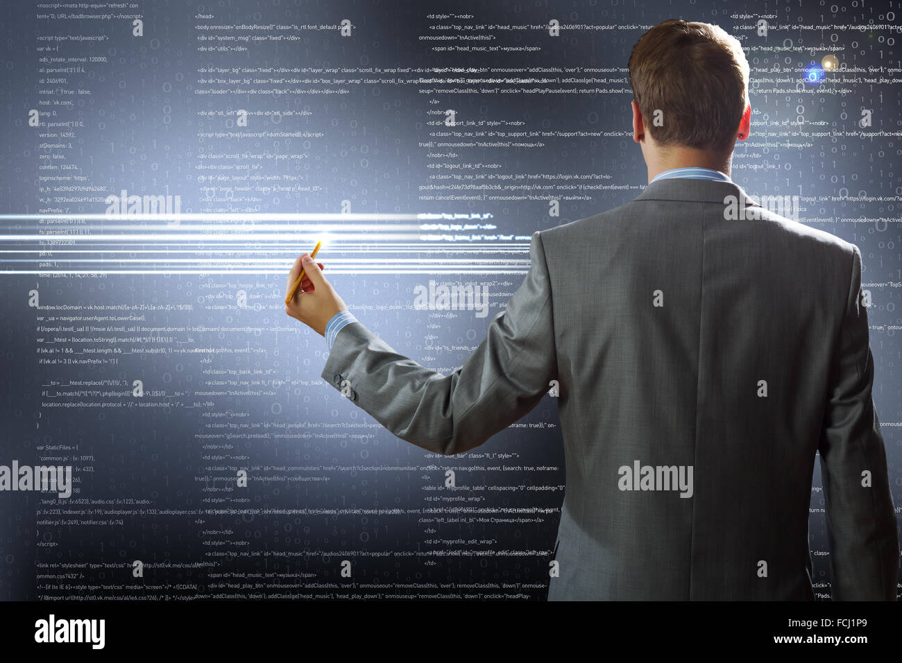 Rear view of businessman touching digital screen Stock Photo - Alamy Rear view of businessman touching digital screen Stock Photo - Alamy
