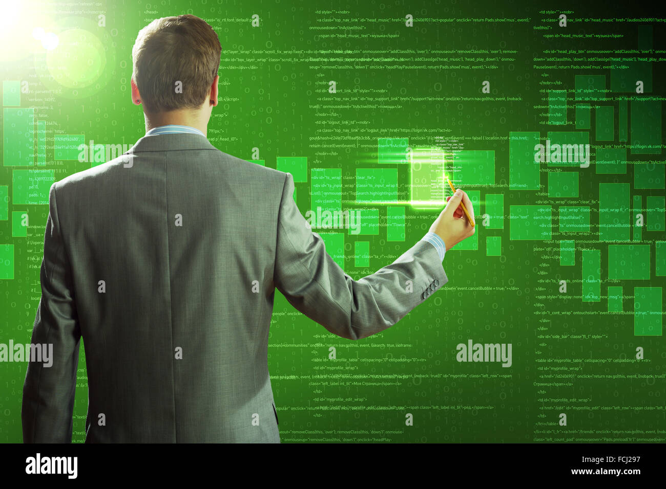 Rear view of businessman touching digital screen Stock Photo - Alamy Rear view of businessman touching digital screen Stock Photo - Alamy