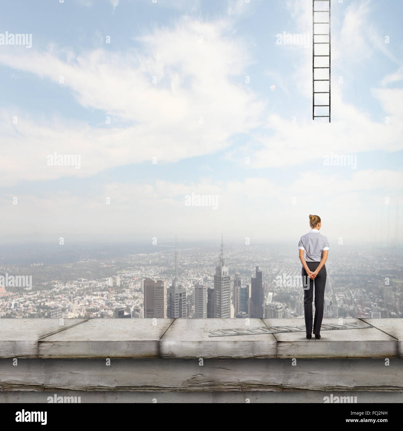 Back view of businesswoman and broken ladder in sky Stock Photo - Alamy