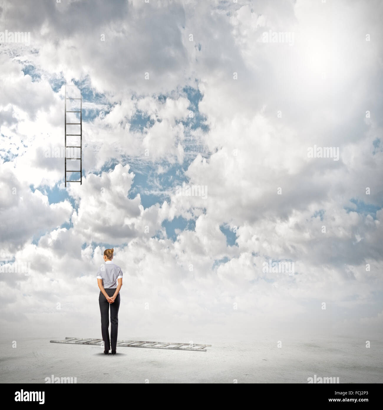 Back view of businesswoman and broken ladder in sky Stock Photo - Alamy