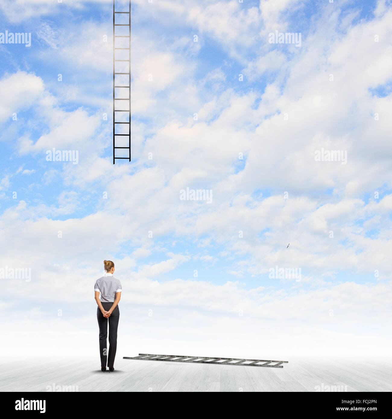 Back view of businesswoman and broken ladder in sky Stock Photo - Alamy