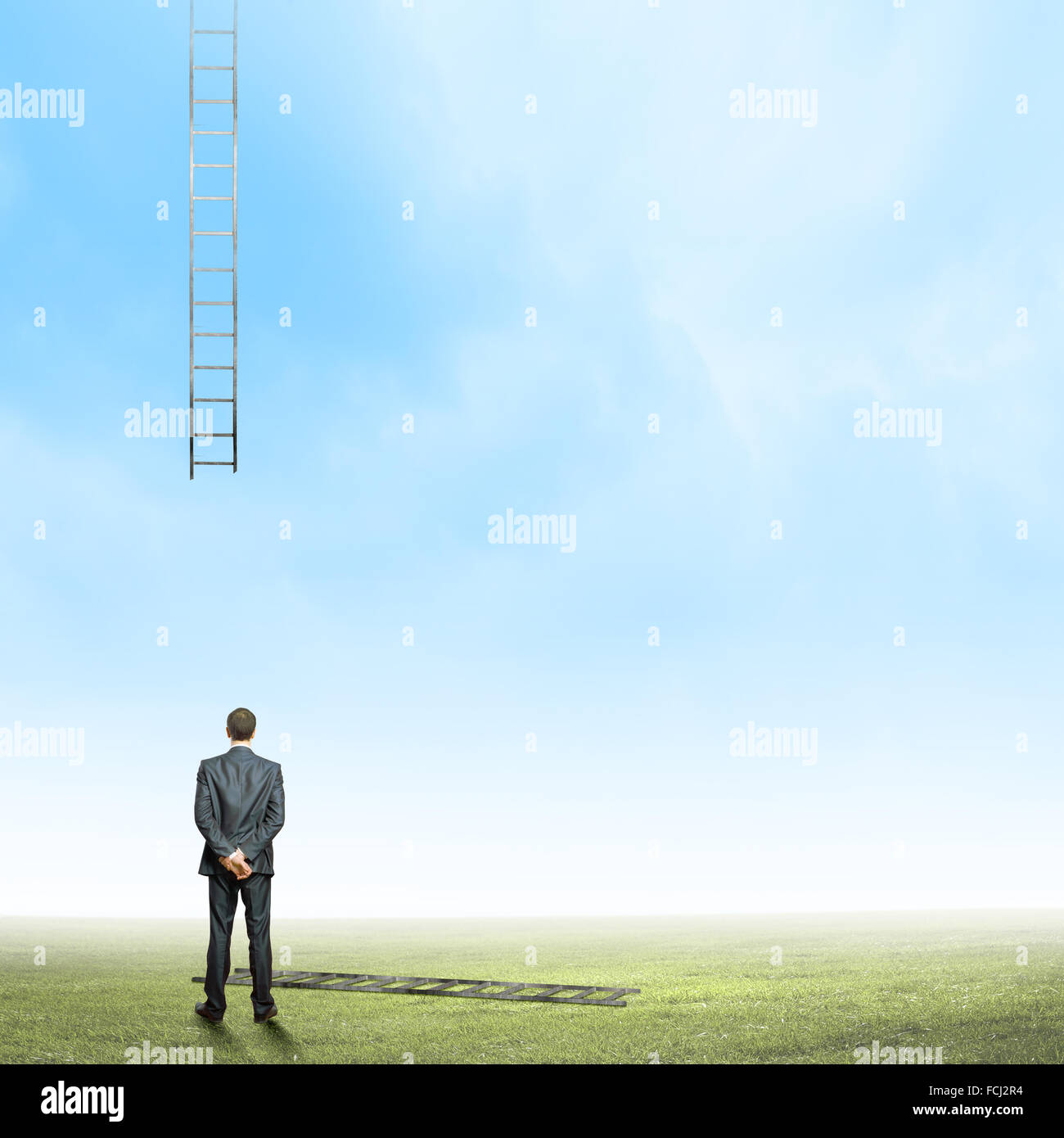Rear view of businessman and broken ladder going up Stock Photo - Alamy
