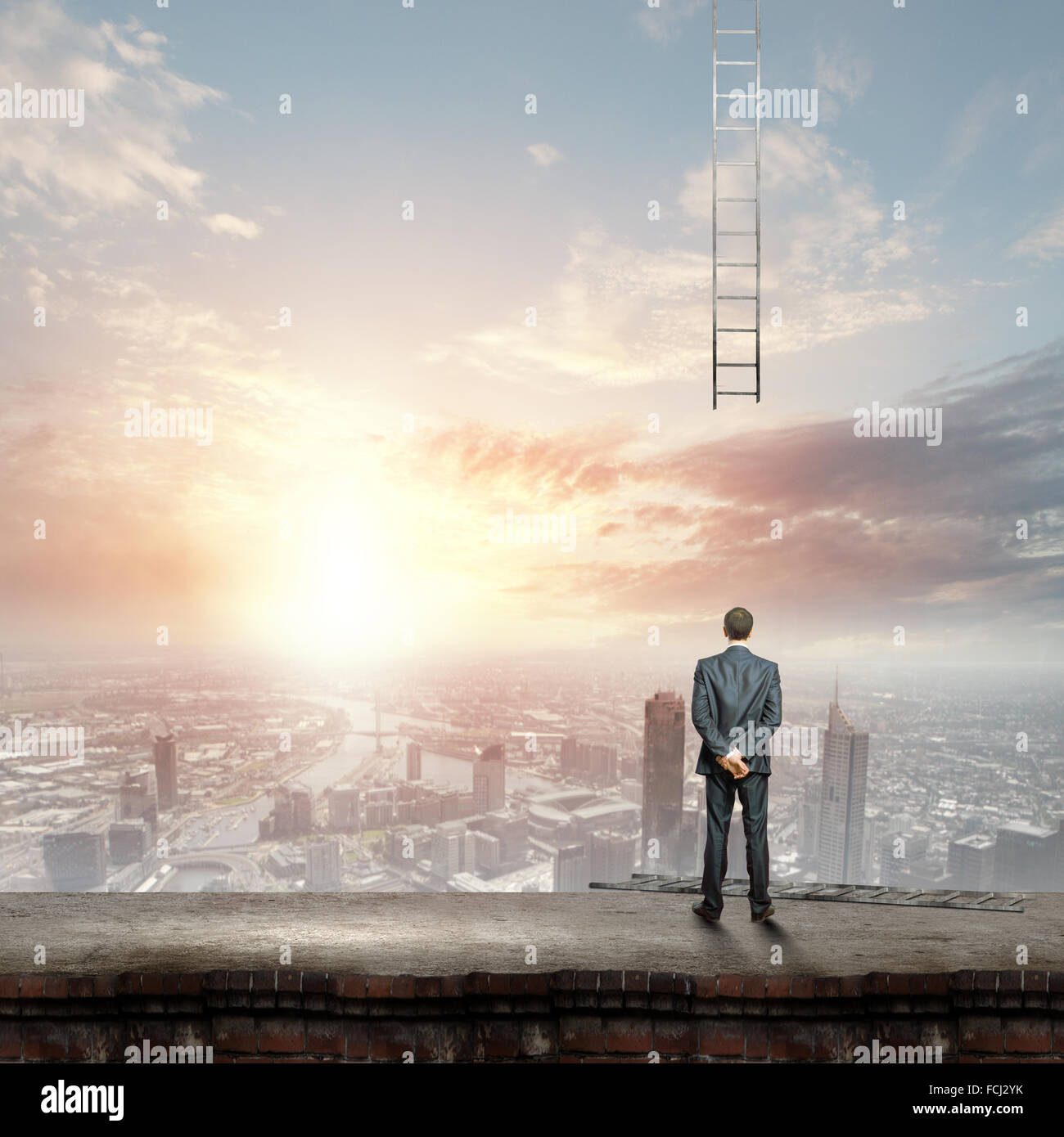 Rear view of businessman and broken ladder going up Stock Photo - Alamy