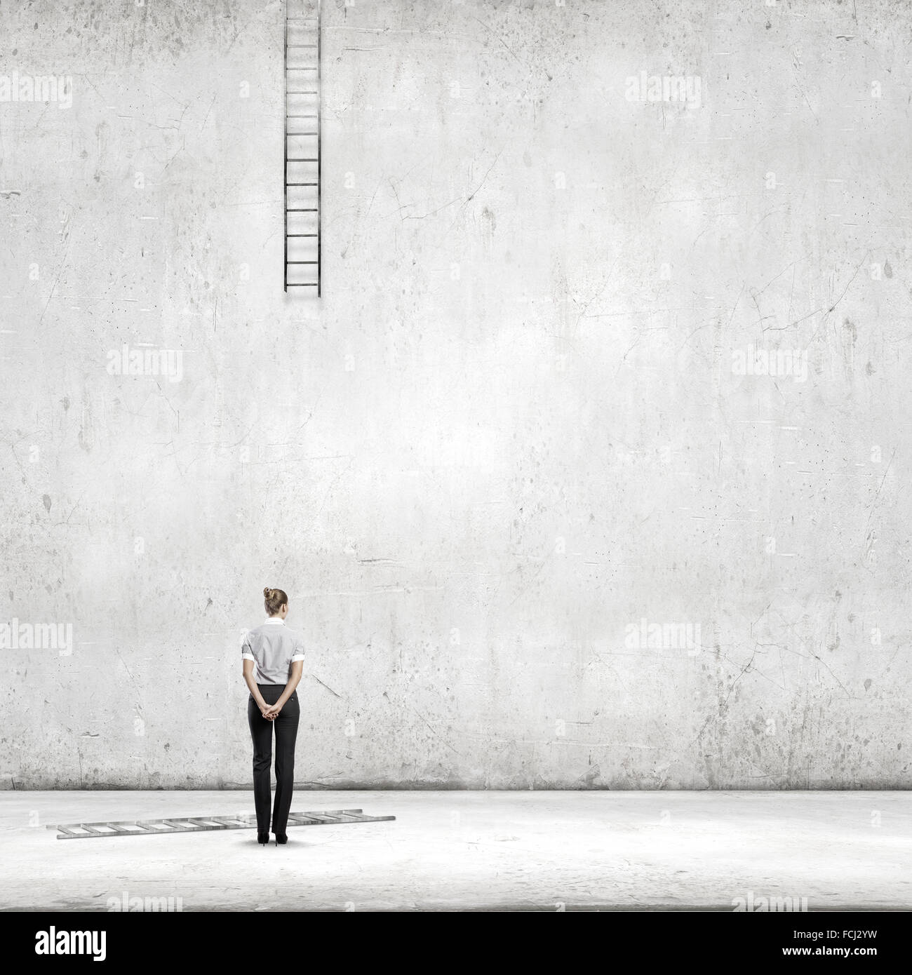Back view of businesswoman and broken ladder going up Stock Photo - Alamy