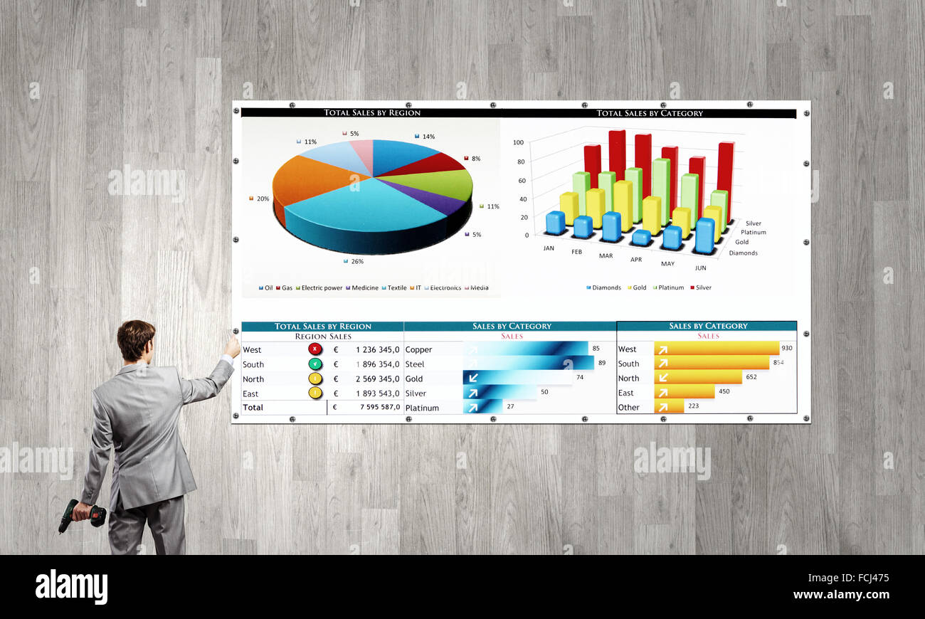 Rear view of businessman fixing banner on wall Stock Photo - Alamy