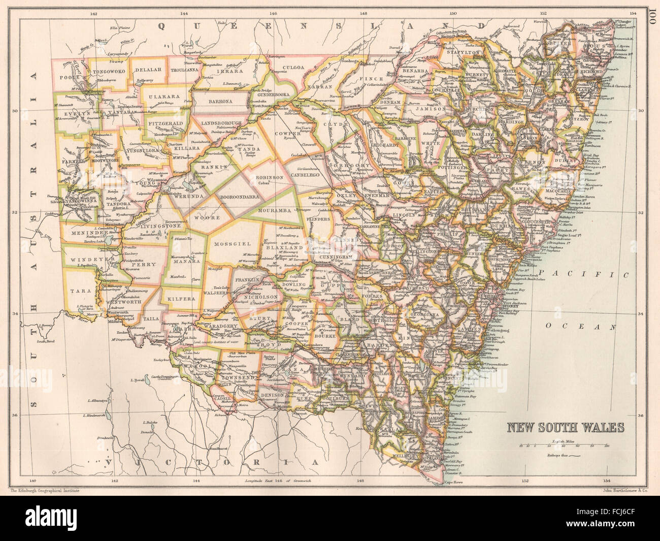 NEW SOUTH WALES: State map showing counties. Australia. BARTHOLOMEW ...