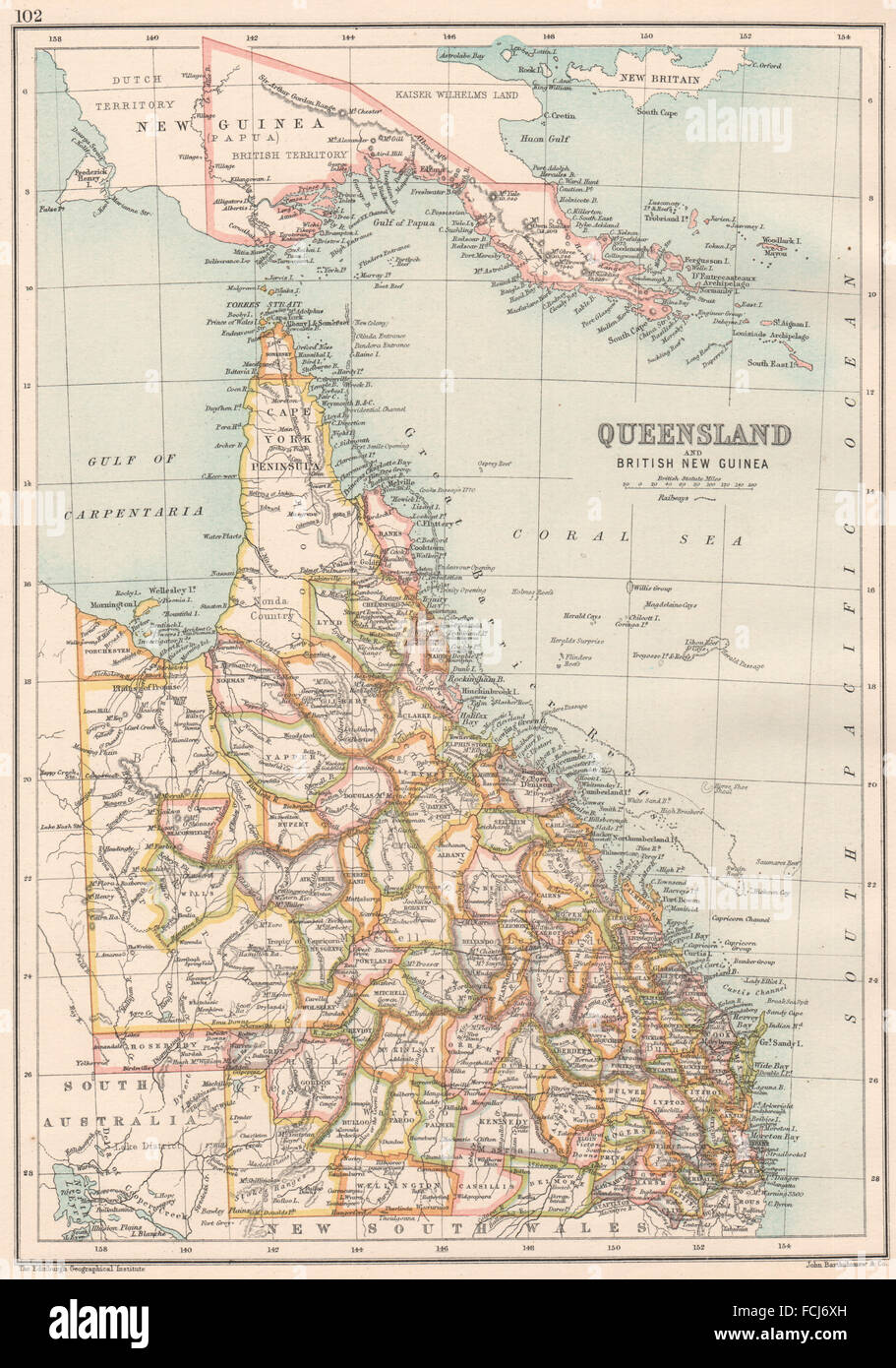 QUEENSLAND & BRITISH NEW GUINEA: State map with counties. Papua ...