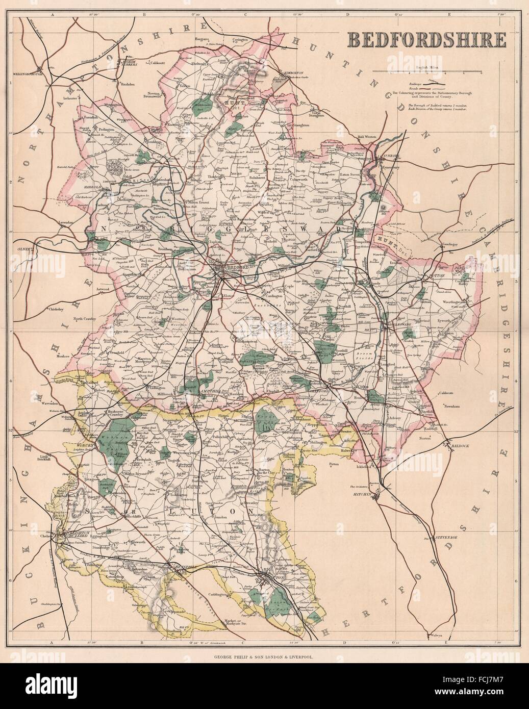 BEDFORDSHIRE: County map. Luton & Biggleswade parliamentary boroughs ...